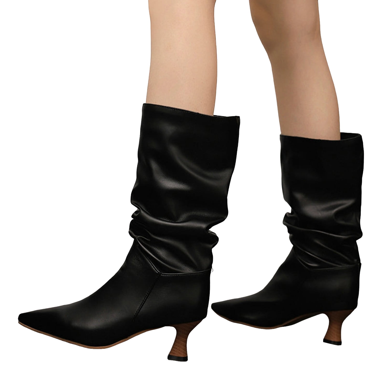 Slouchy Boots for Women Pointed Toe Kitten Heels Wide Calf Pull on ...