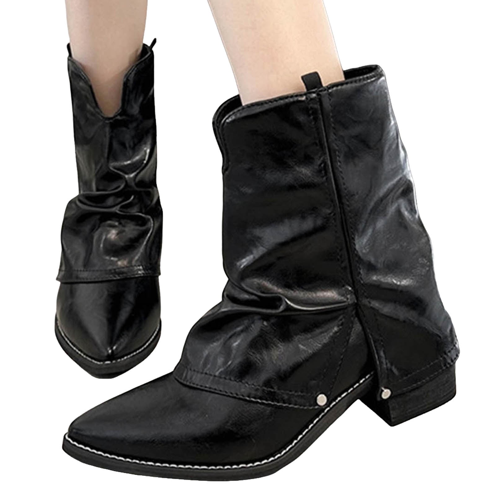 Slouchy Fold Over Leather Fall Boots for Women Wide Calf Chunky Heel ...