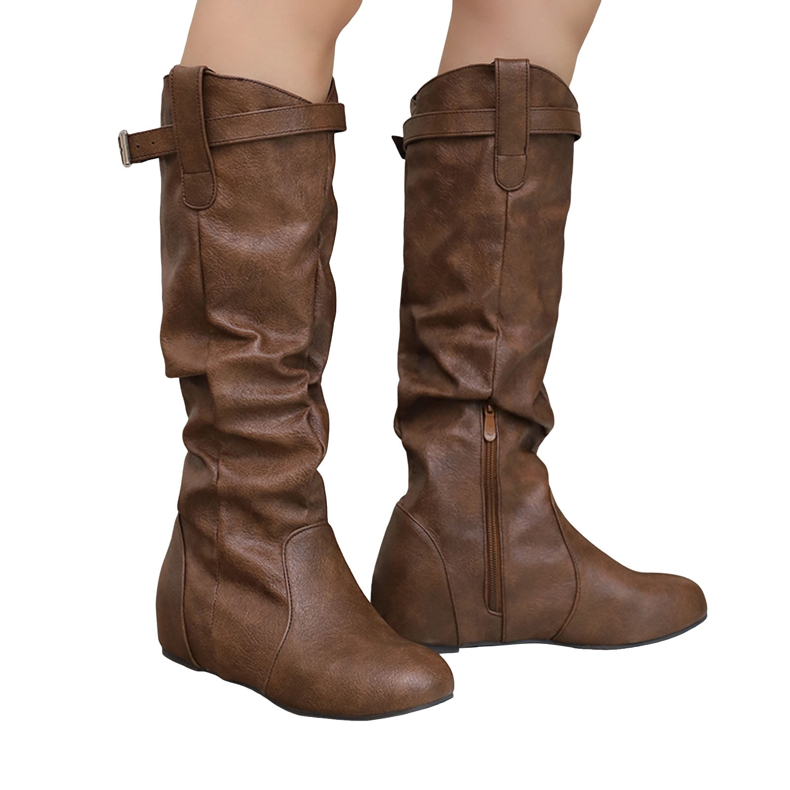 Slouchy Knee High Boots Women Hidden Wedge Low Heel Flat Booties Soft ...