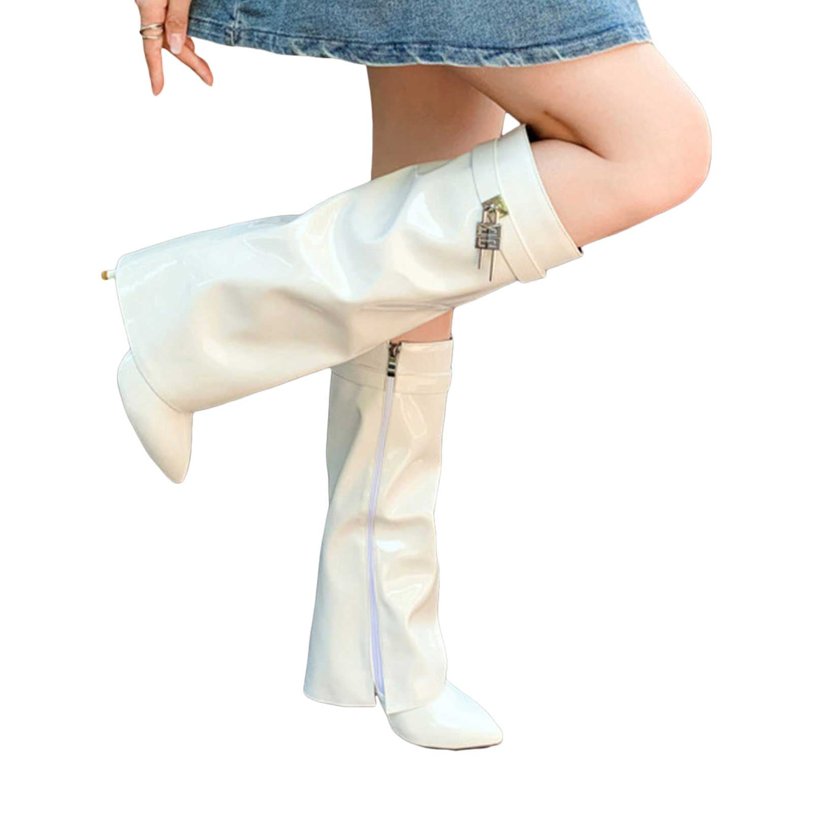 Slouchy Knee High Fold over Boots for Women 2025 Lock Leather Pointed ...