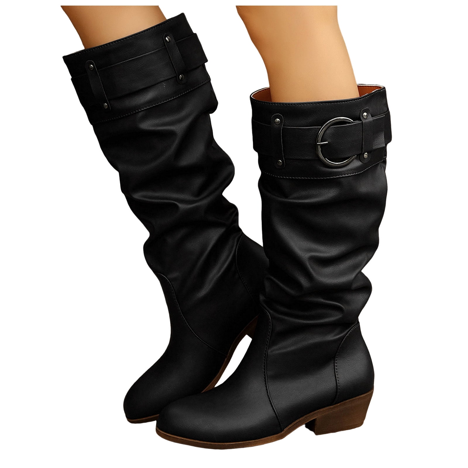 Slouchy Wide Mid Calf Boots for Women 2025 Fashion Buckle Leather Low ...