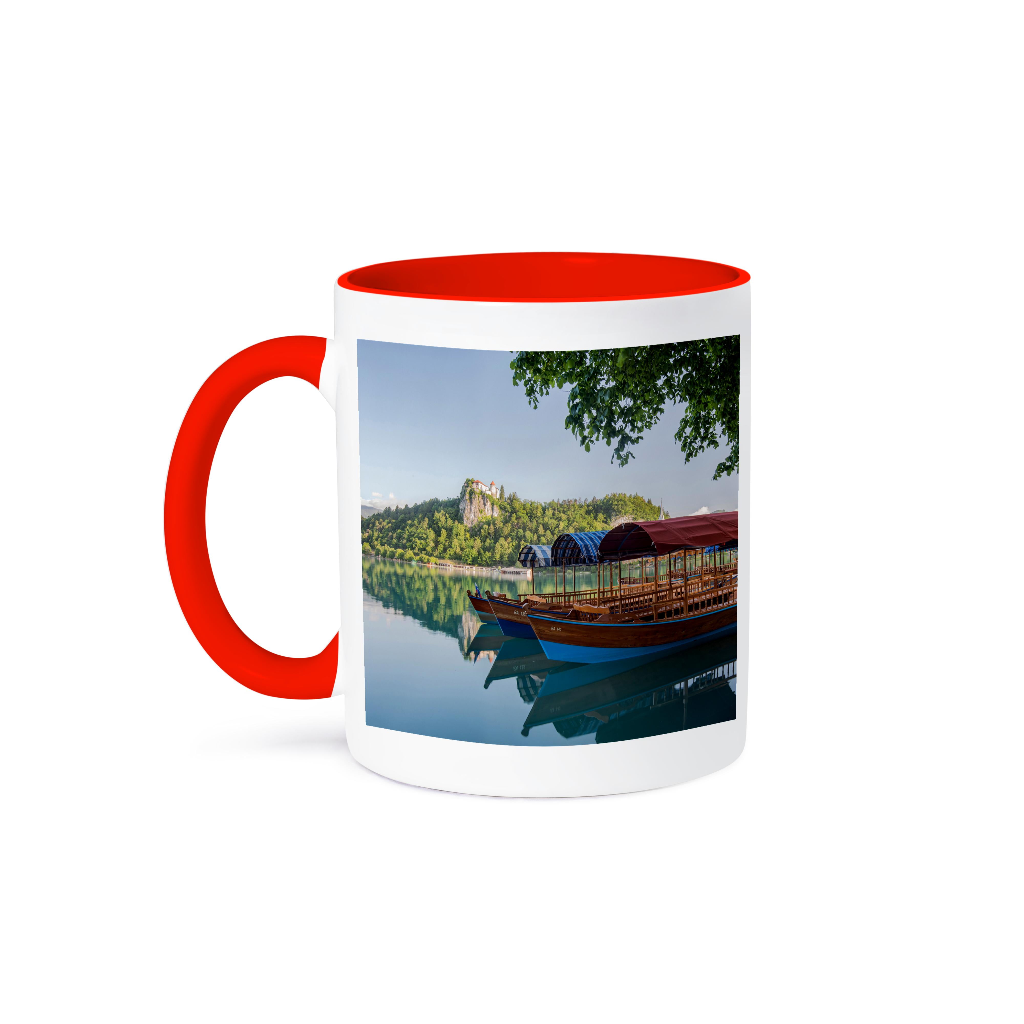 Slovenia, Bled, Lake Bled, Plenta Boats, 11oz Two-Tone Red Mug ...