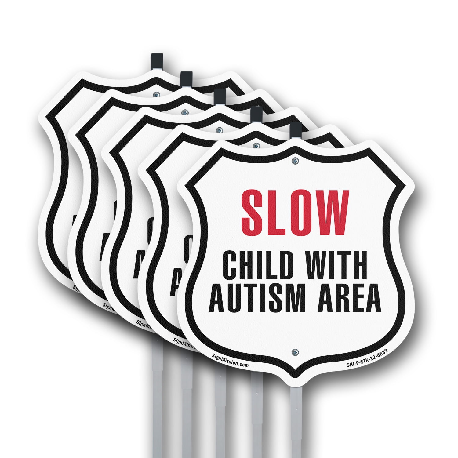Slow Child With Autism Area (5 Pack) 12 inch X 12 inch Shield Shaped Rust-Free Aluminum Metal ...