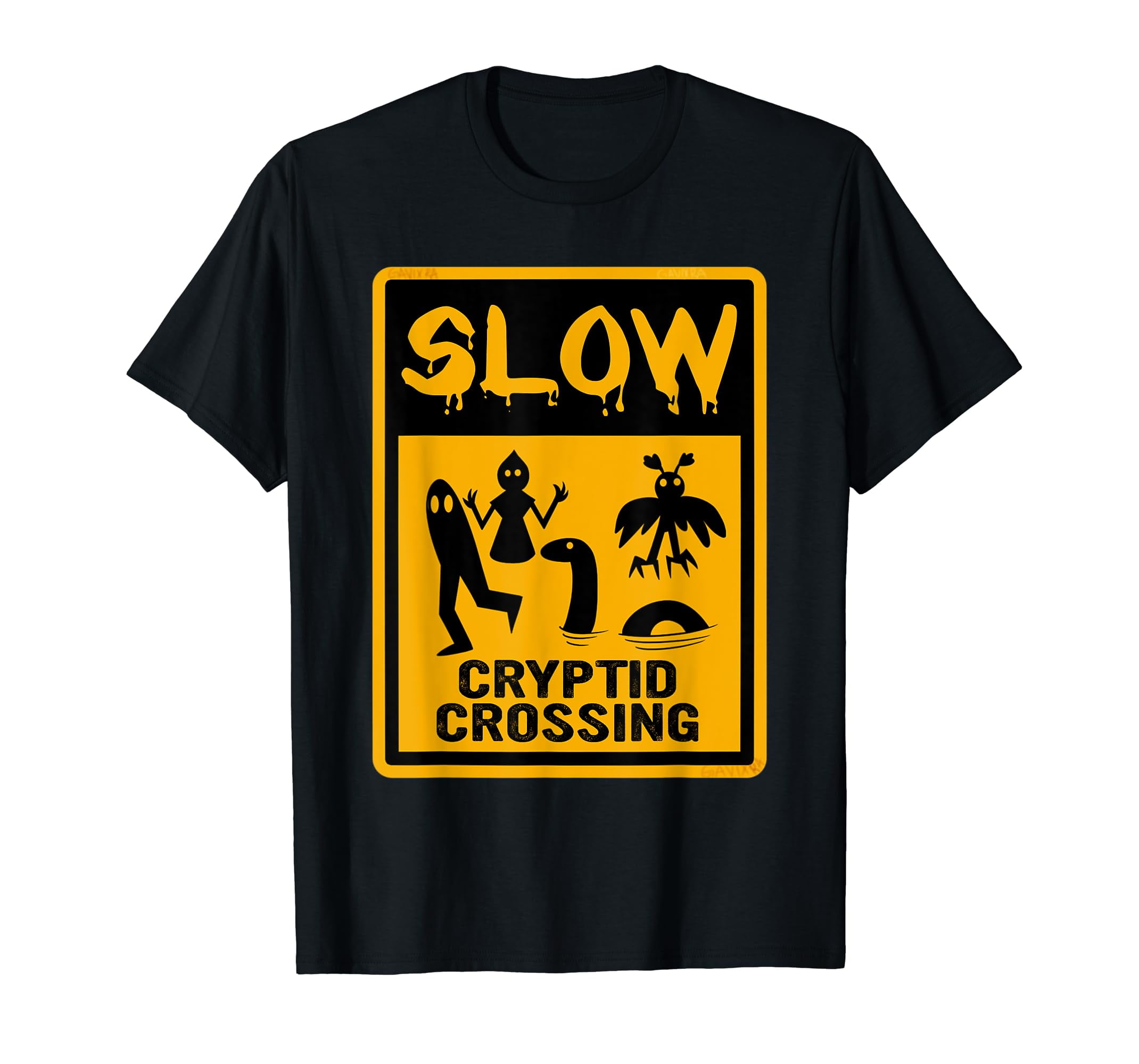 Slow Down Sign Cryptid Crossing Funny Cryptid Meme Black T-Shirt ...