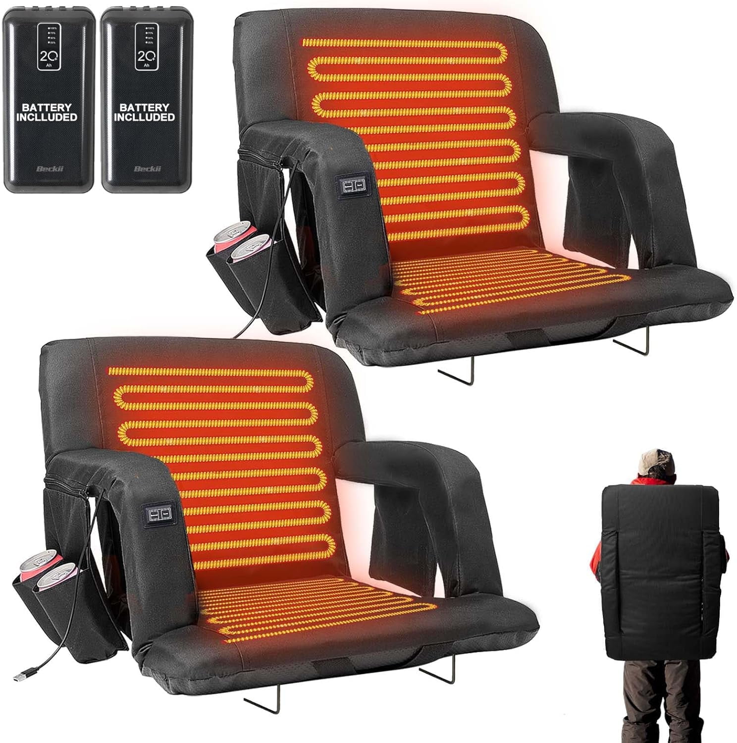 Slsy 2 Packs Double Heated Stadium Seat Bleacher Seat with 20000mAh ...