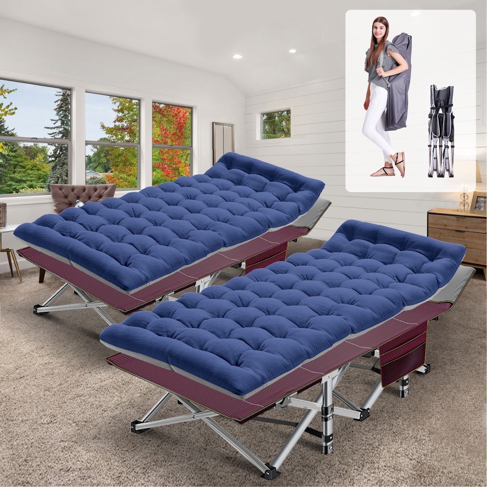 Slsy 2 Packs Folding Camping Cots with 2 Sided Mattress & Carry Bag, 75 ...