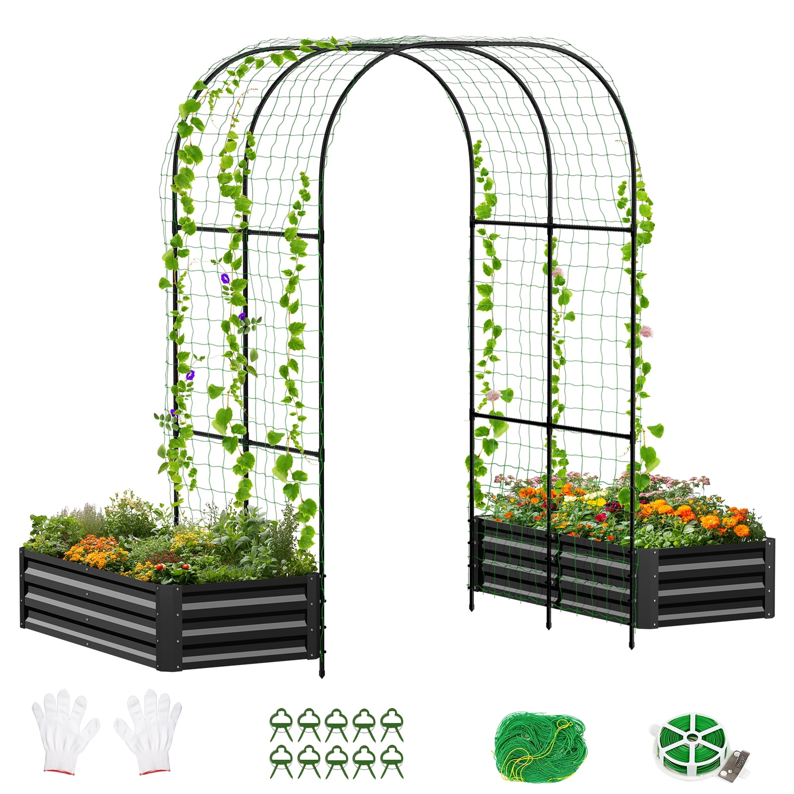 Slsy 3 in 1 Galvanized Raised Garden Bed with 85in Tall Arch Trellis ...