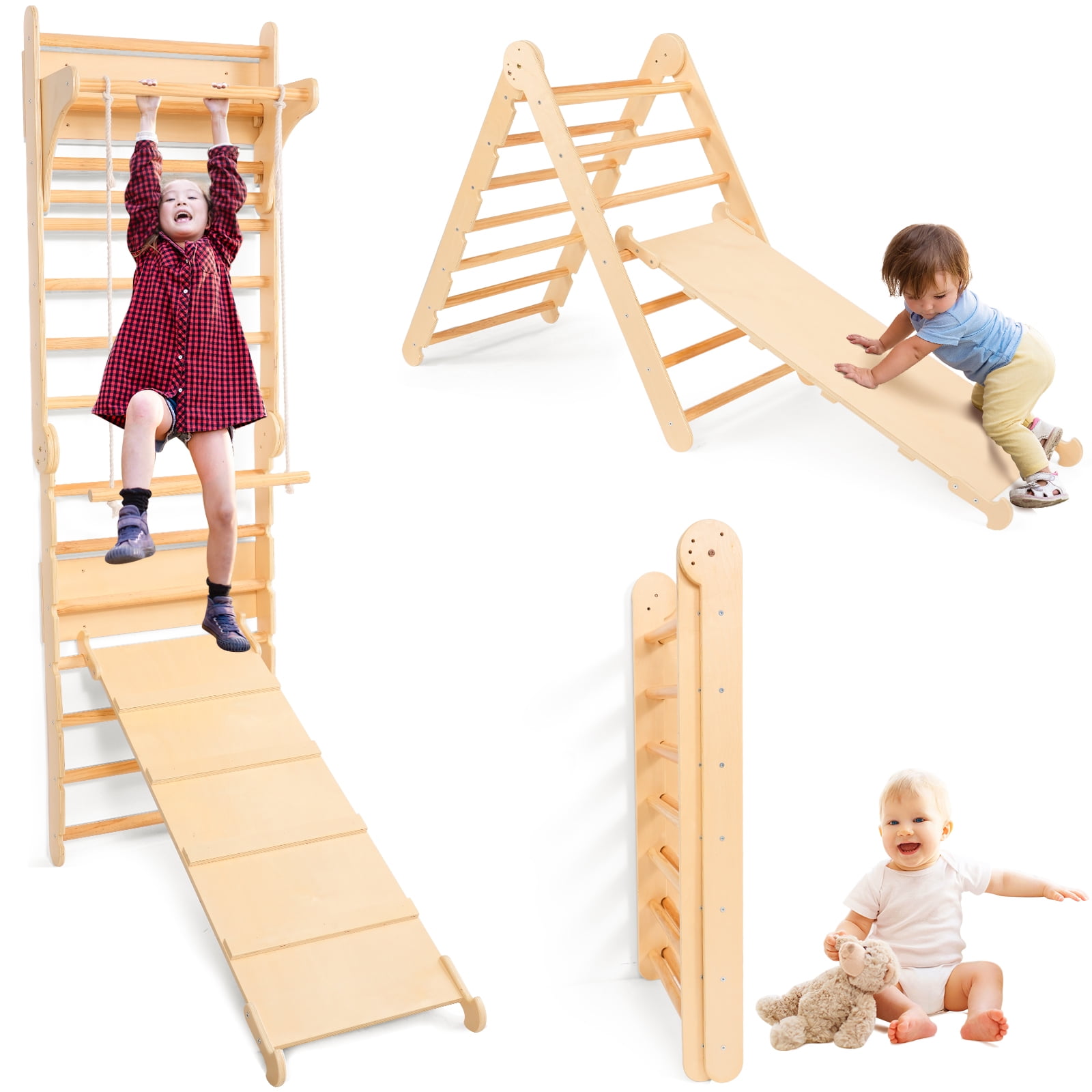 Slsy 7 in 1 Pikler Triangle Set Swedish Ladder, Folding Wooden Triangle ...