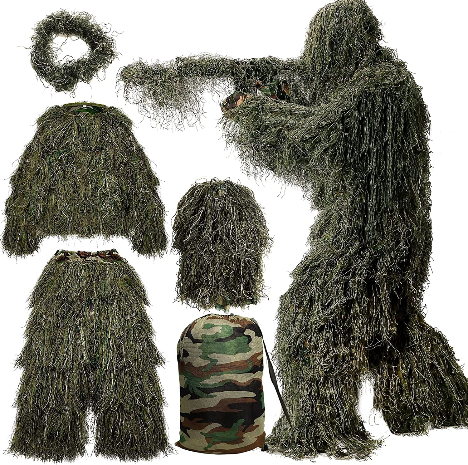 Slsy 5 in 1 Ghillie Suit, 3D Camouflage Apparel Including Jacket, Pants ...