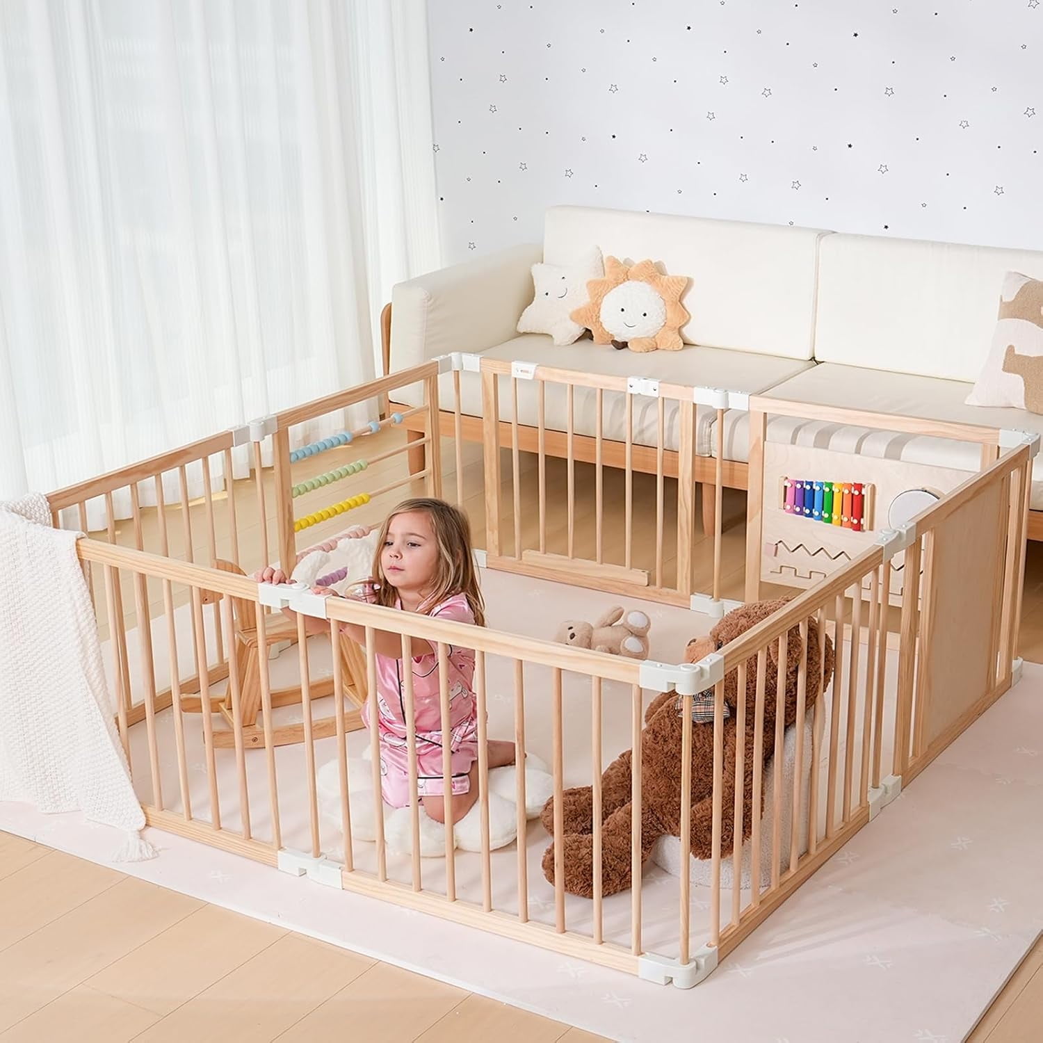 Slsy Foldable Wooden Playpen with Door, Adjustable Size&Shape for 1-8 ...