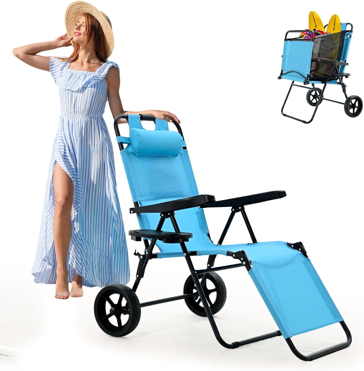Slsy Folding Beach Cart Chairs with 10'' Wheels, 2 in 1 Heavy Duty ...