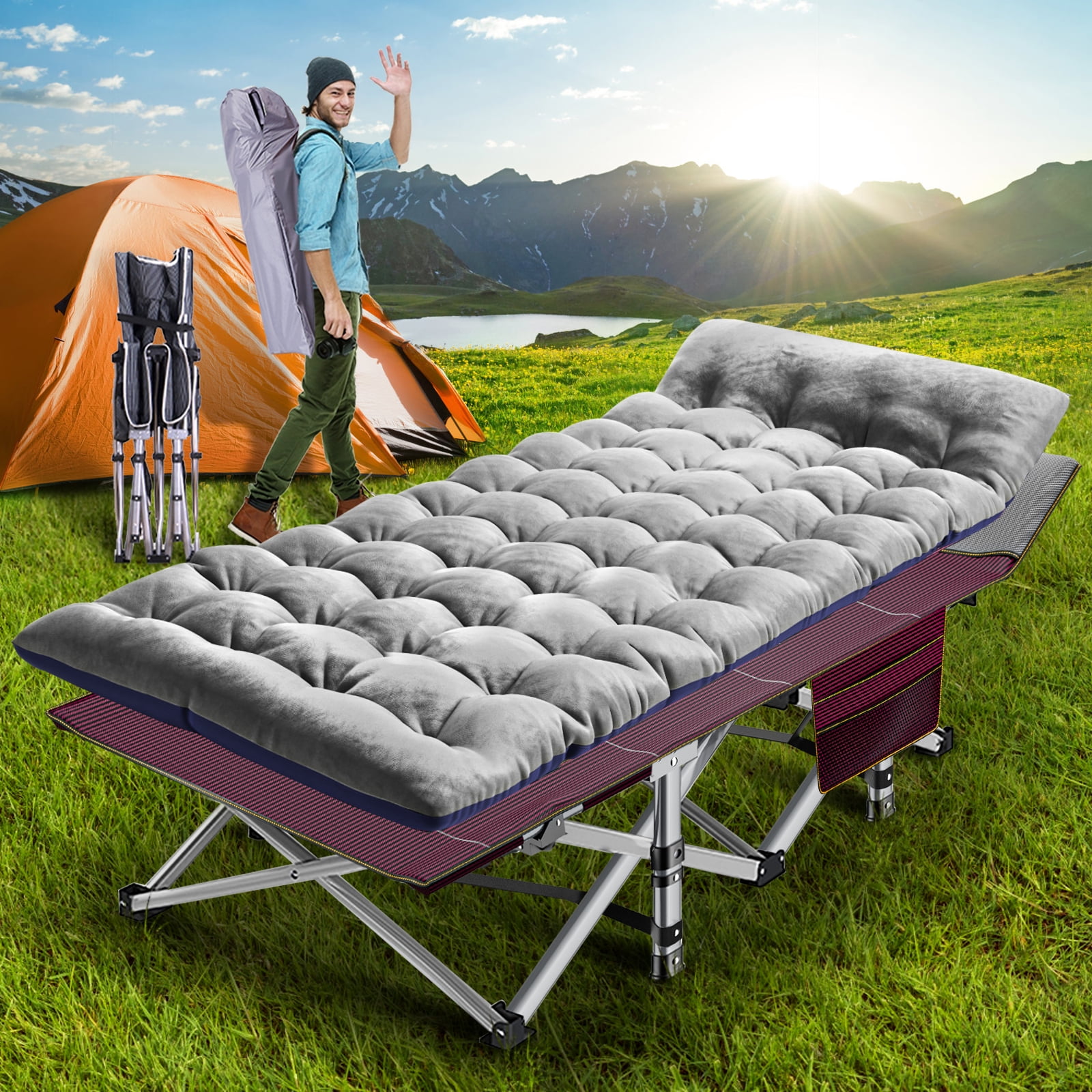 Slsy Portable Foldable Single Camper Cot With 3 3 Inch 2 Sided Cushion