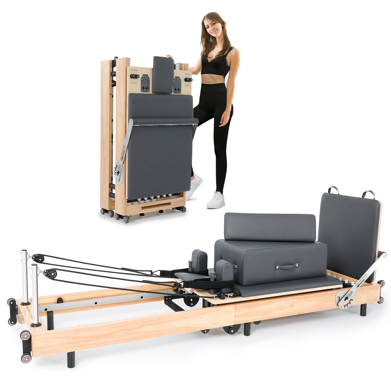 Slsy Oak Wood Foldable Pilates Reformer Machine, Home Pilates Equipment ...