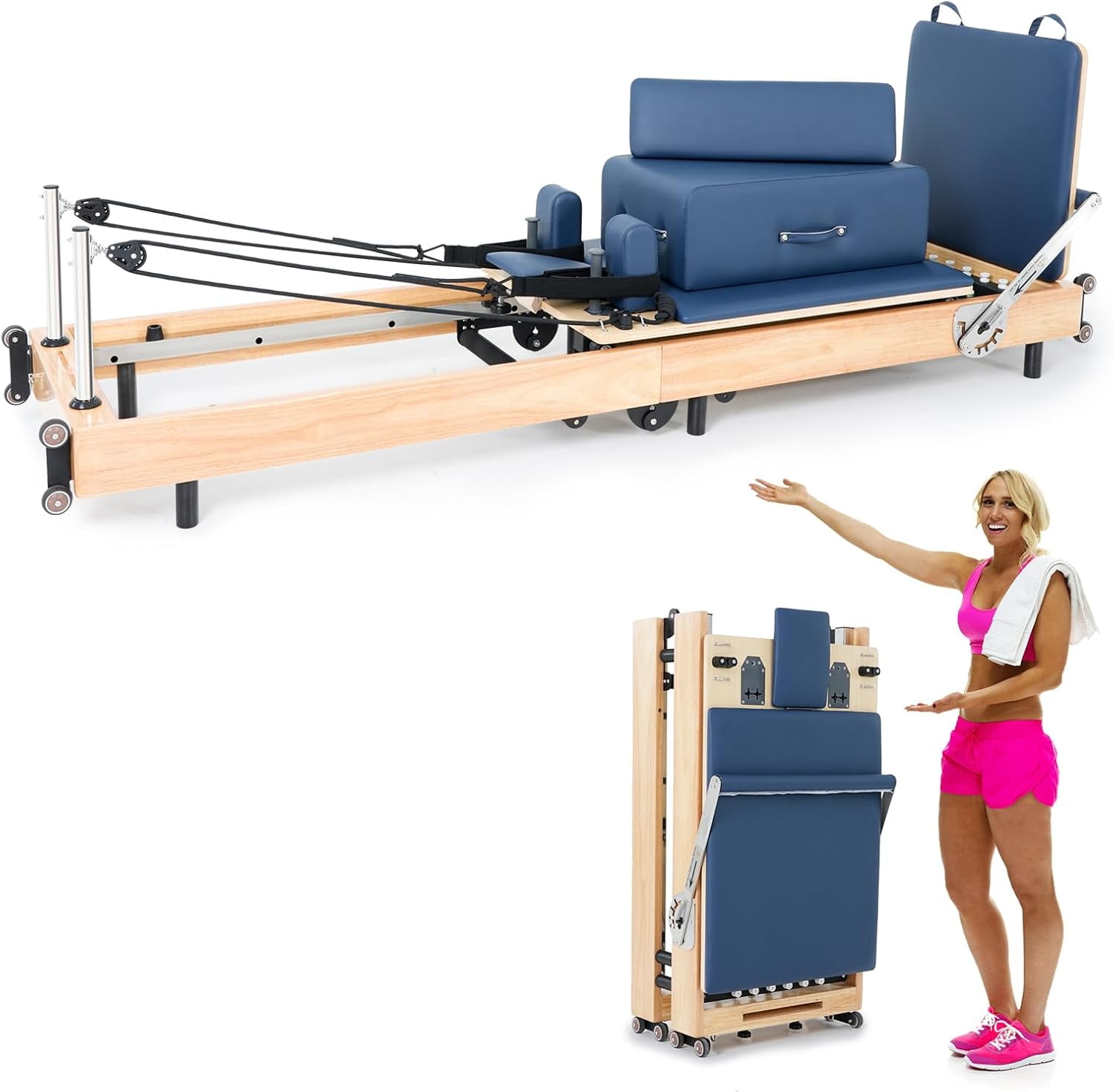 Slsy Oak Wood Foldable Pilates Reformer Machine, Home Pilates Equipment ...