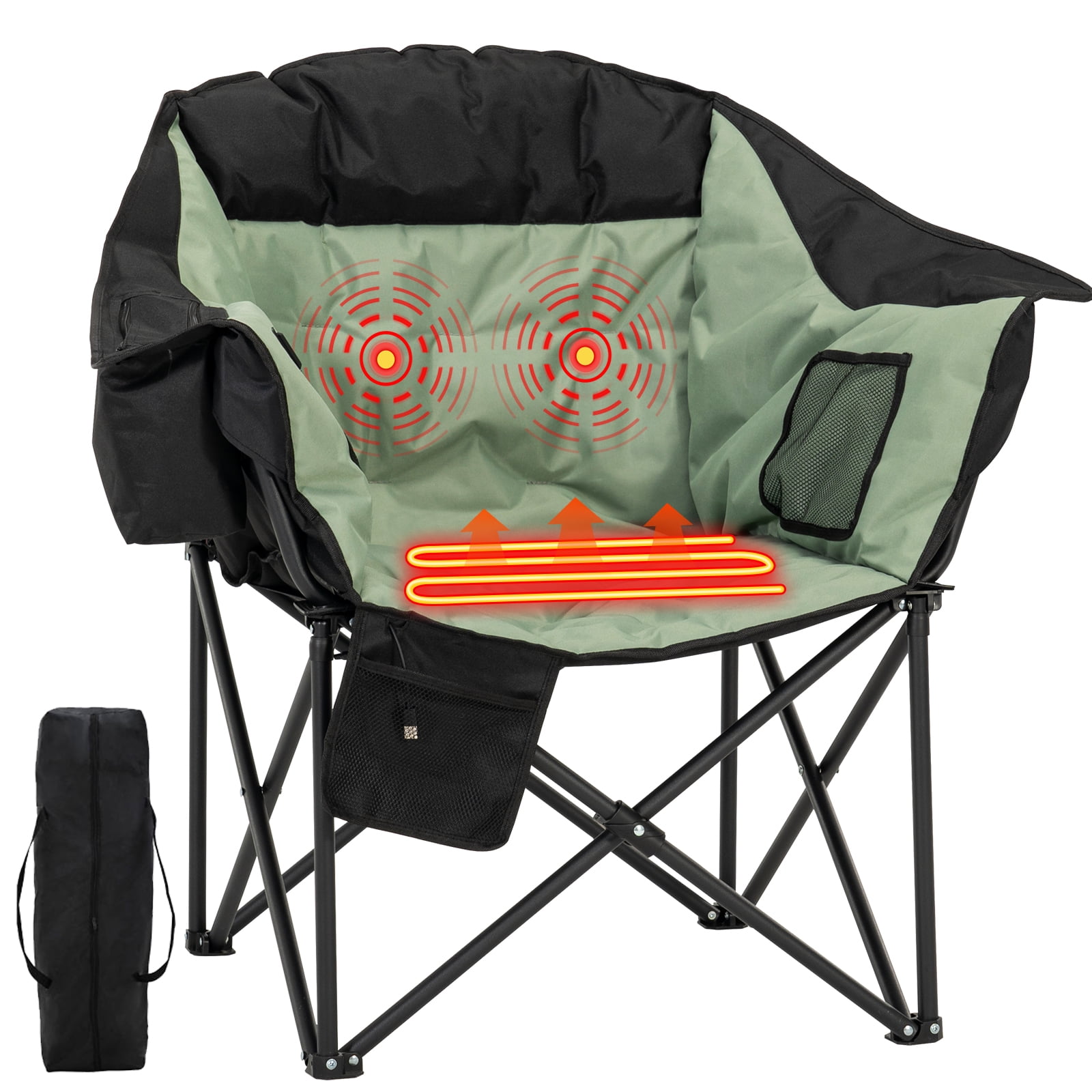Slsy Oversized Heated Massage Camping Chair w/Cooler Bag, Padded Camp ...