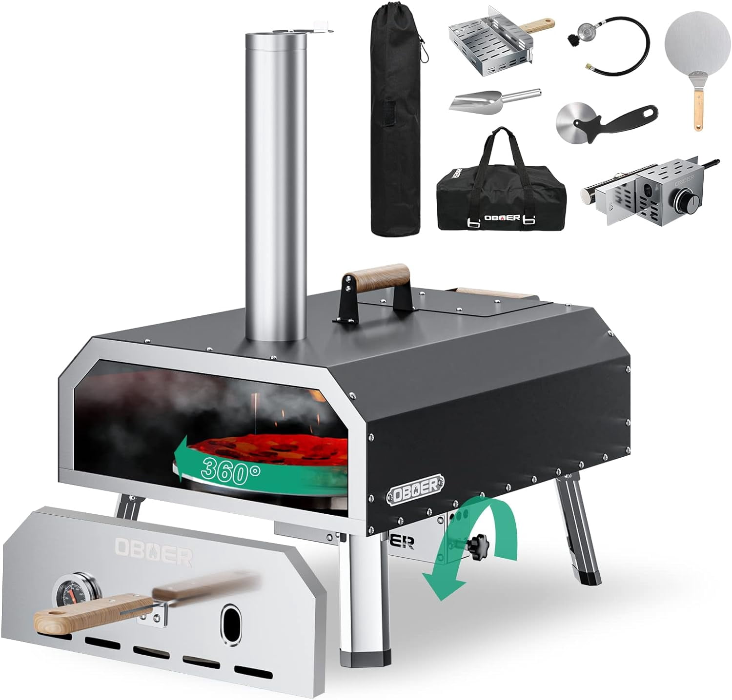 Slsy Pizza Oven Outdoor, 16" Multi-Fuel Rotatable Portable Wood Fired ...