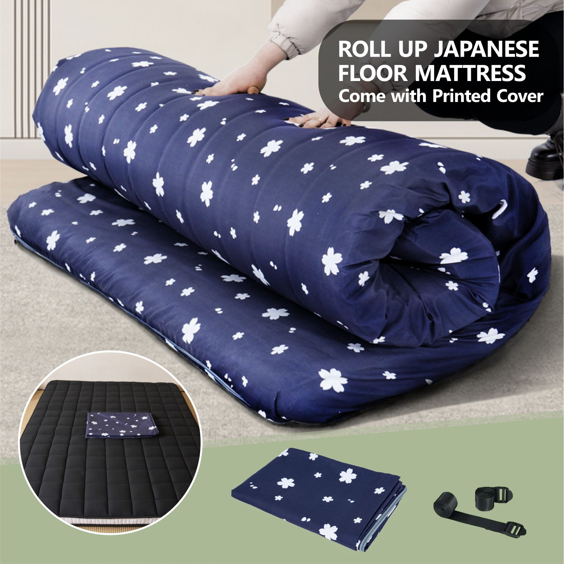 Slsy Printed Futon Mattress with Zipper Washable Cover, Padded Japanese ...