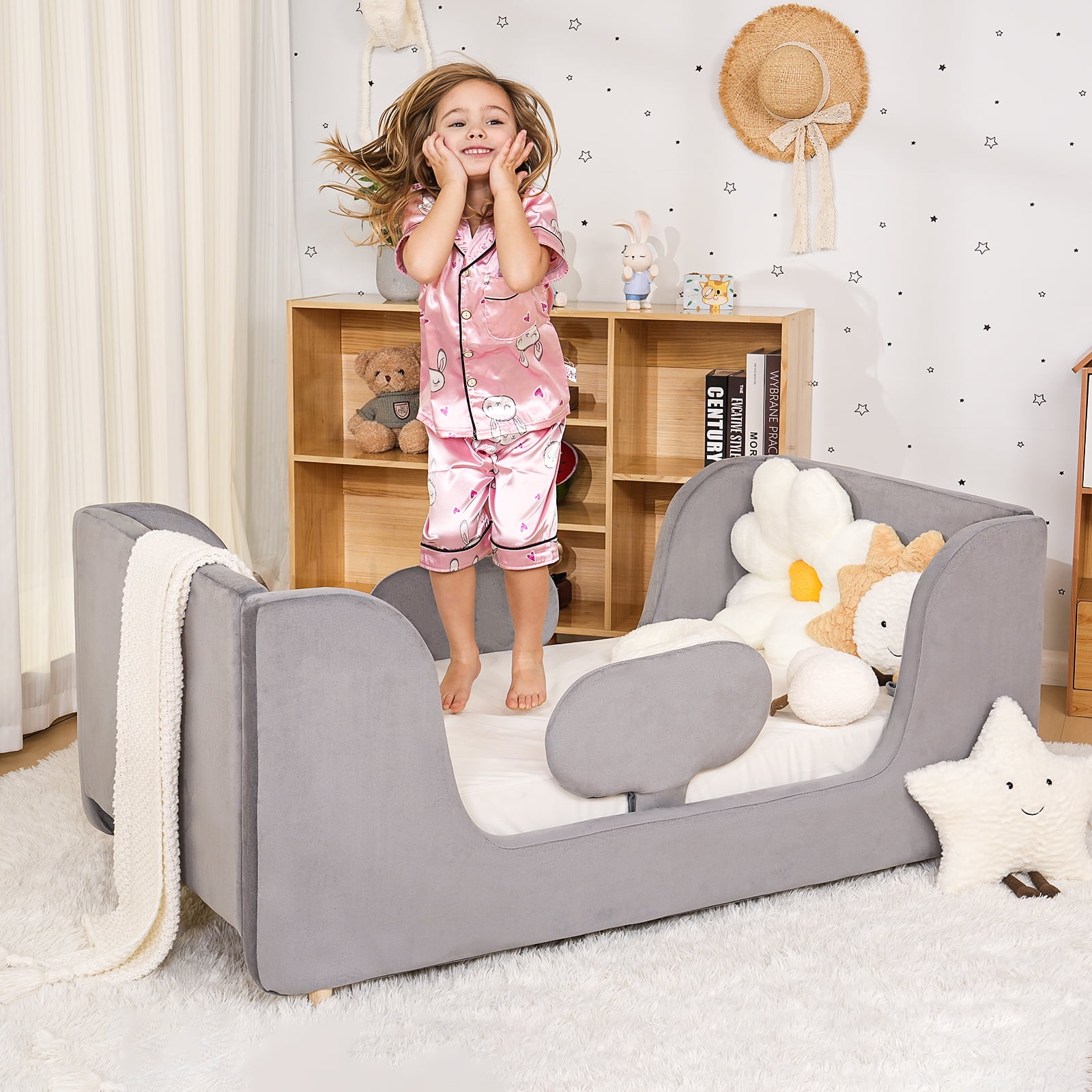 Slsy Toddler Bed, Toddler Floor Bed Frame with Removable Guard Rails ...