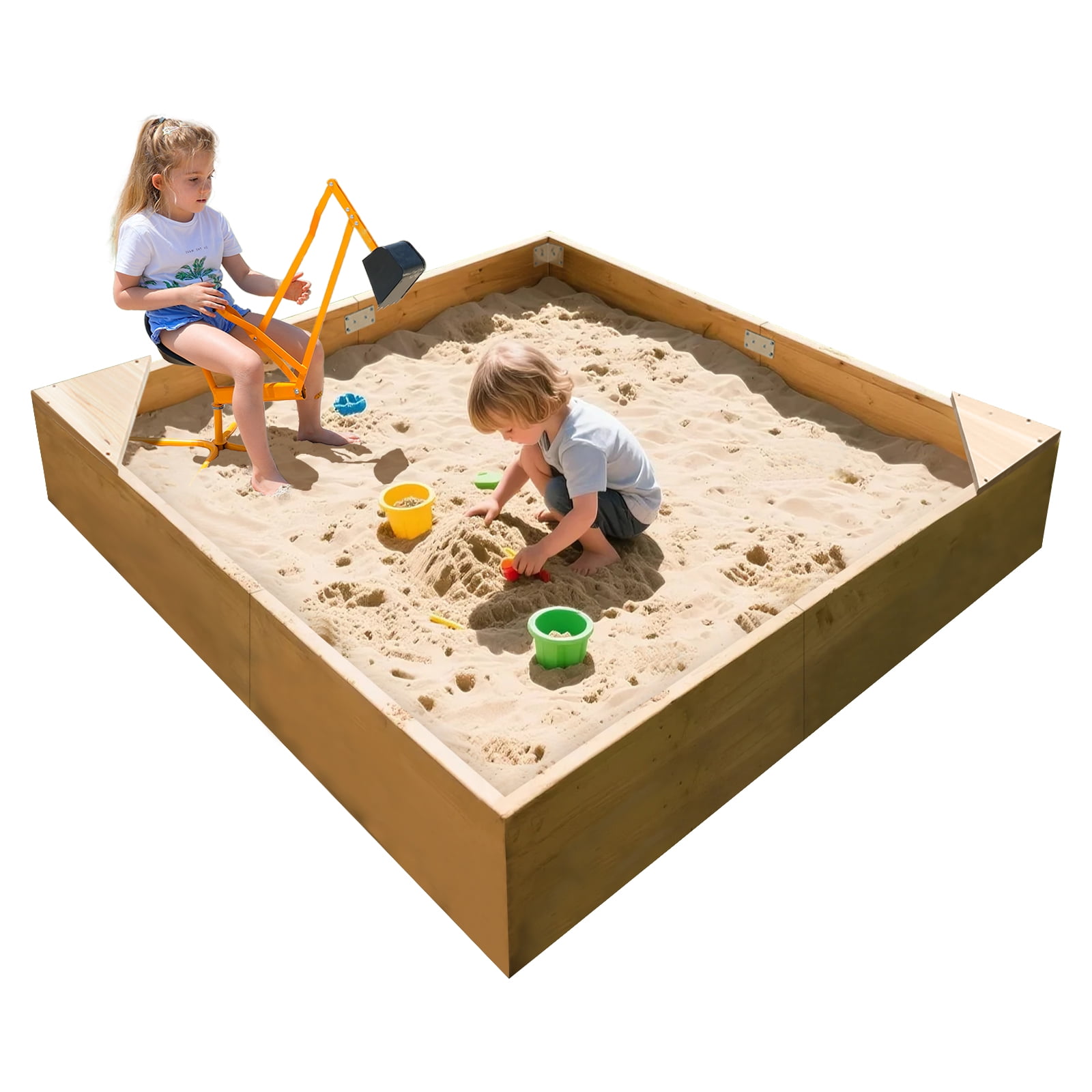 Slsy 2 in 1 Wooden SandBoxes with Excavator, Large Square Wood Sand Box ...