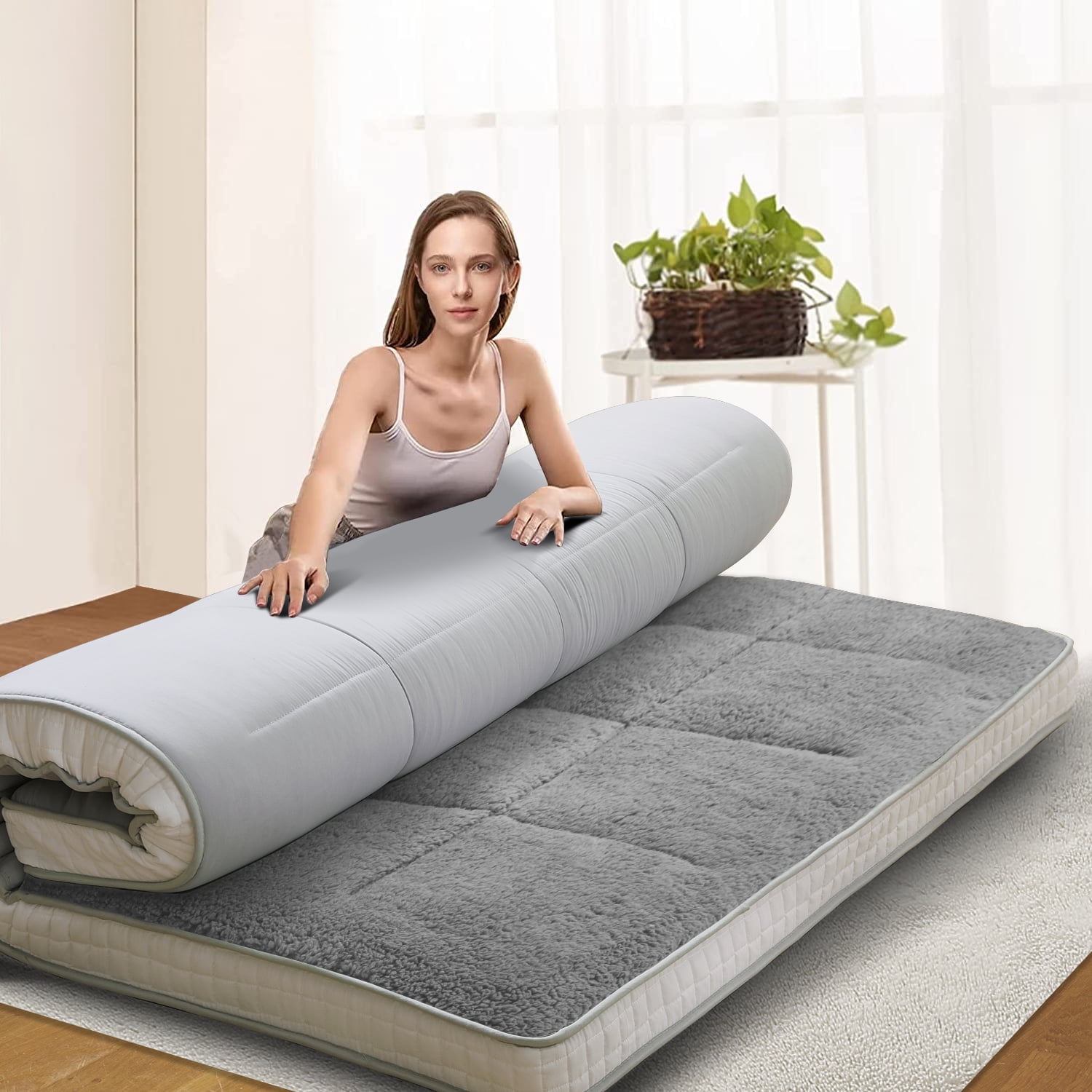 Slsy Winter Fleece Japanese Futon Floor Mattress, 4" Thick Fluffy Plush ...
