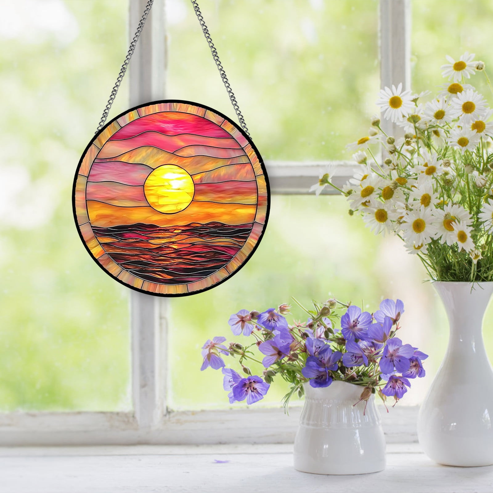 Sltwyw Stained Glass Window Hanging Decor - Sunrise Sea Suncatchers ...