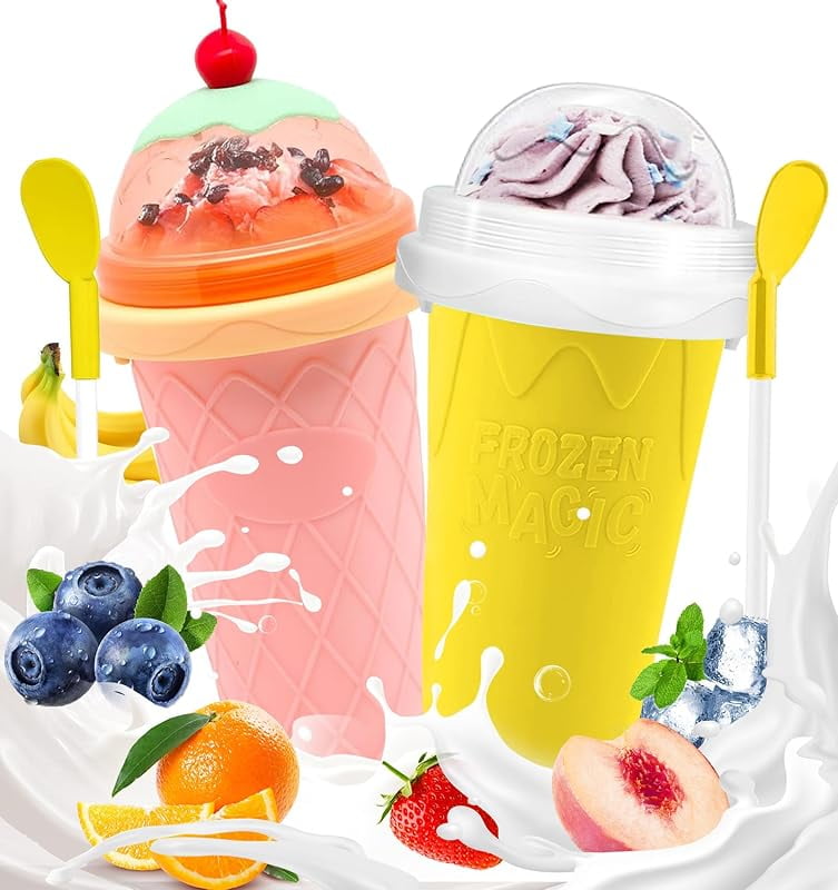 Slushie Cup, 2 Pack Slushy Maker Cup, Frozen Magic Squeeze Cups for Juice Milk Yogurt Ice Cream ...