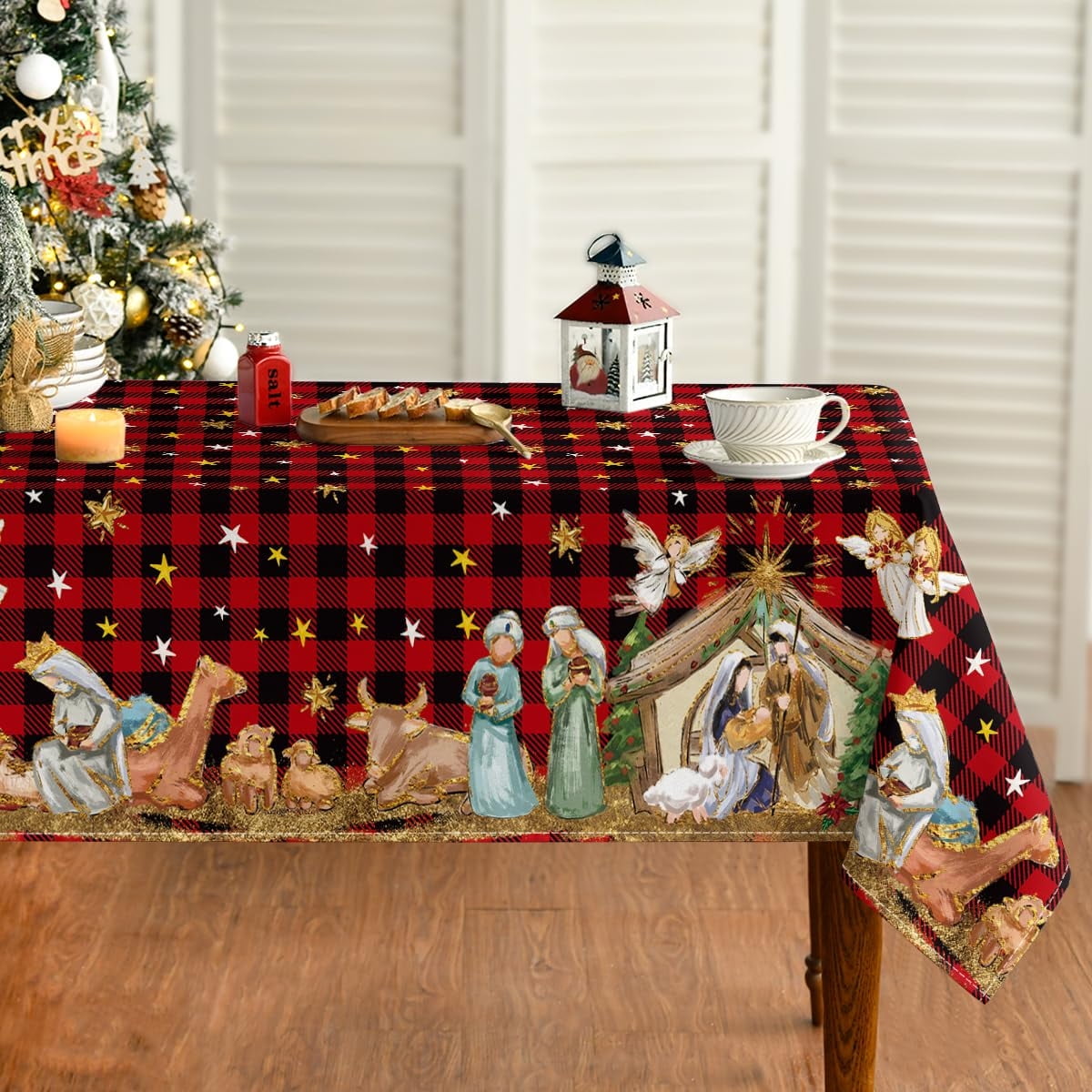 Sm:)e Christmas Tablecloth 60x120 Inch, Holy Nativity Red Buffalo Plaid ...