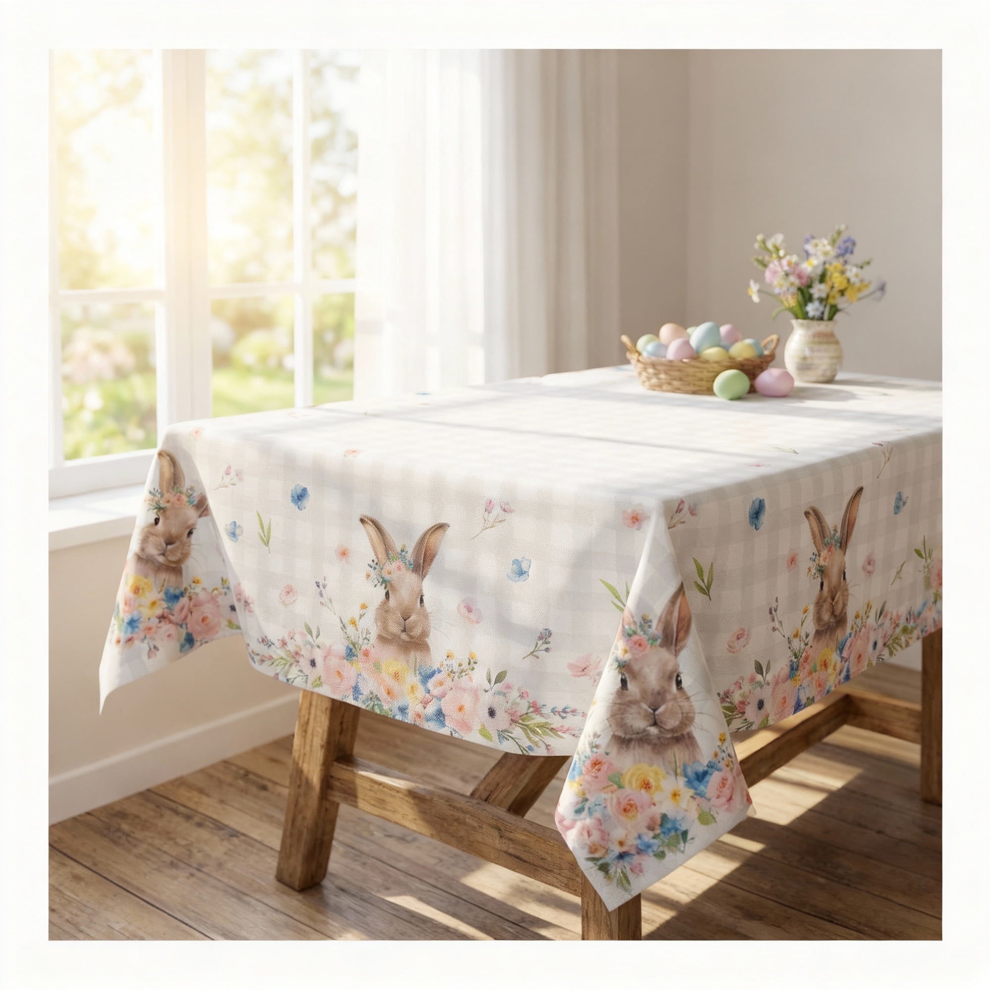 Sm:)e Floral Bunny Spring Tablecloth, 60 x 104 Inch, Washable Polyester ...