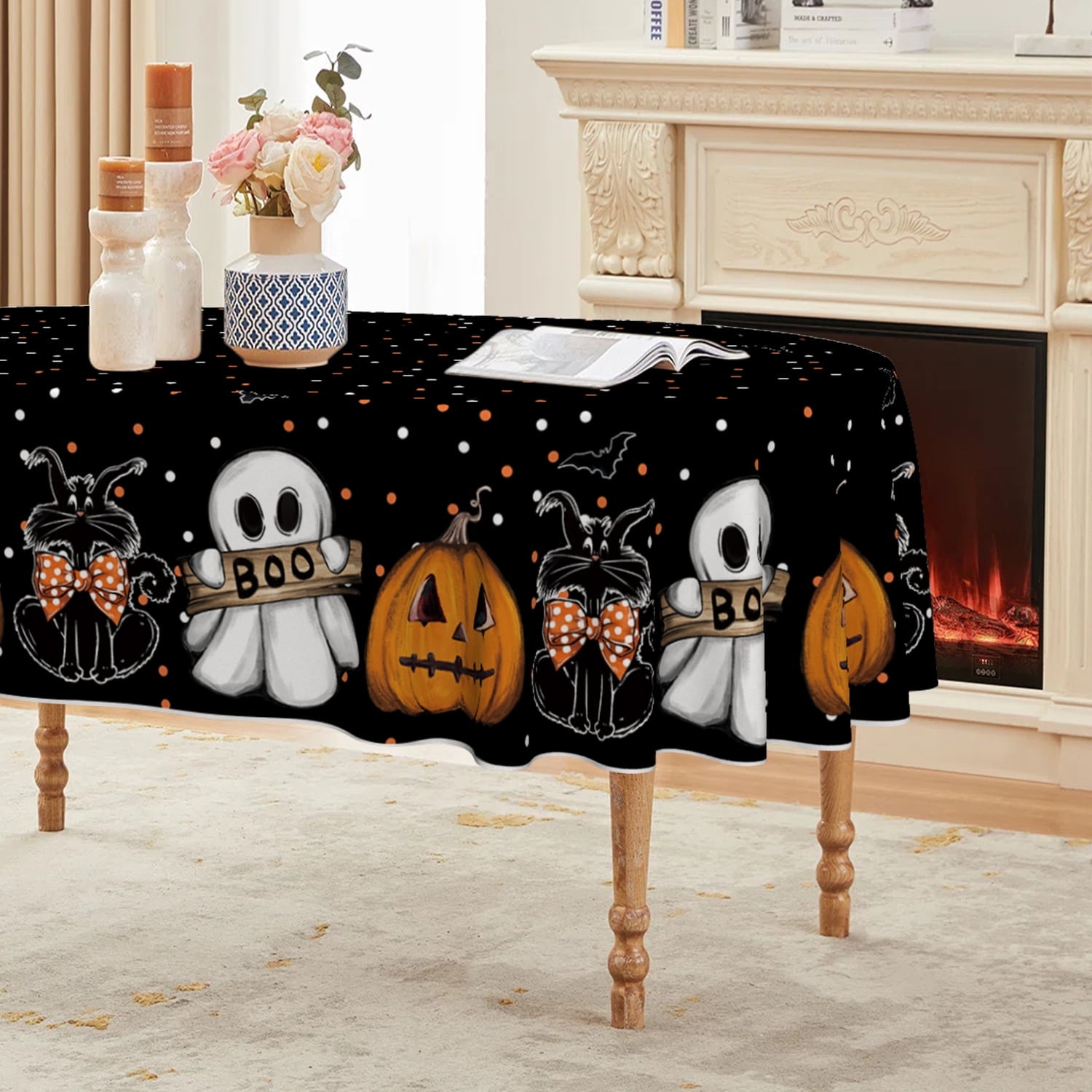 Sm:)e Ghost Cat Jack-O-Lantern Pumpkin Black Halloween Tablecloth 60 x ...