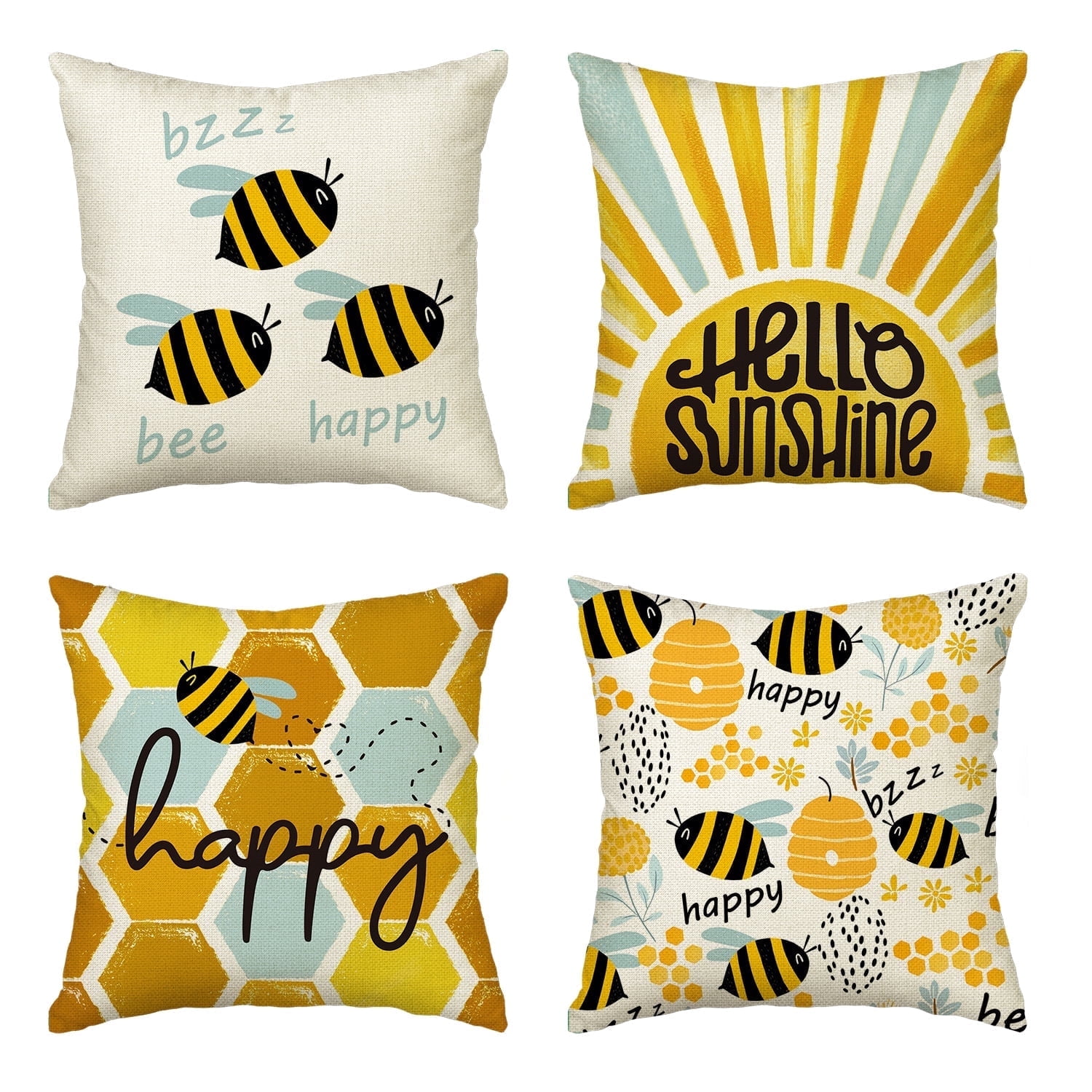Sm:)e Hello Sunshine Bee Happy Pillow Cover 18x18 Inch Set of 4 ...