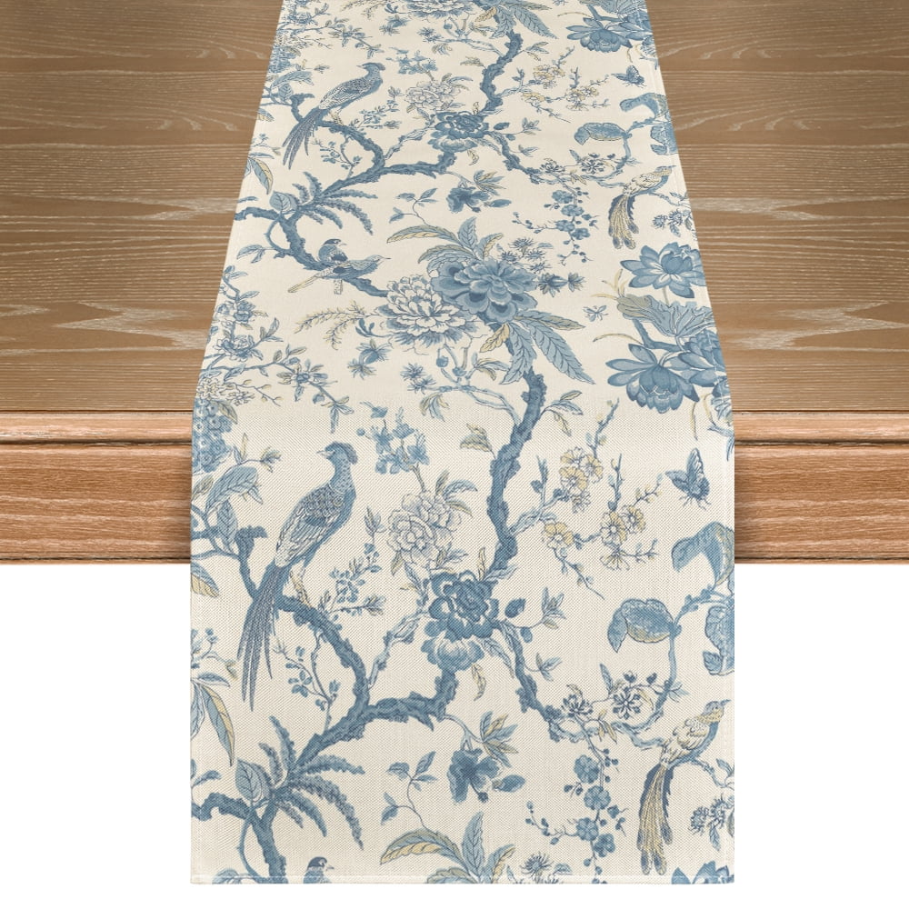 Sm:)e Peacock Flower Chinoiserie Pompon Fall Table Runner, Seasonal ...