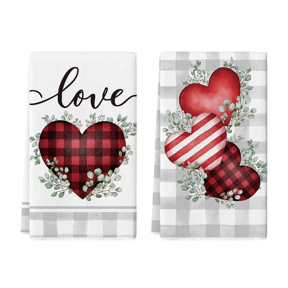 Sm:)e Red Buffalo Plaid Heart Love Valentine's Day Kitchen Towels Dish ...
