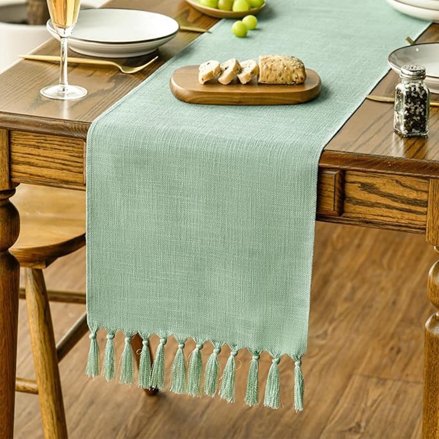 Sm:)e Sage Green Tassel Table Runner, 13x90 Inch, Boho Linen Blend ...