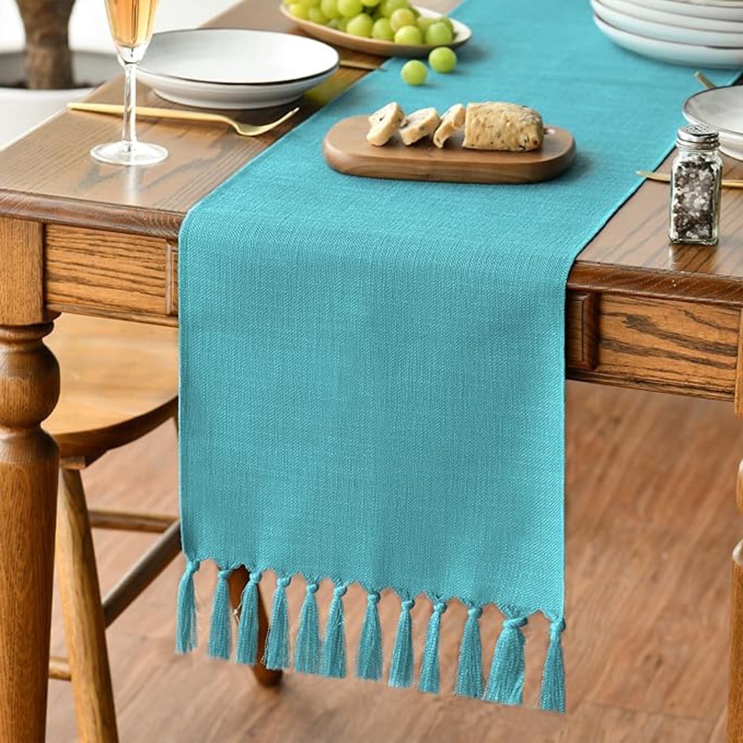 Sm:)e Teal Tassel Table Runner, 13x72 Inch, Boho Linen Blend Rustic ...