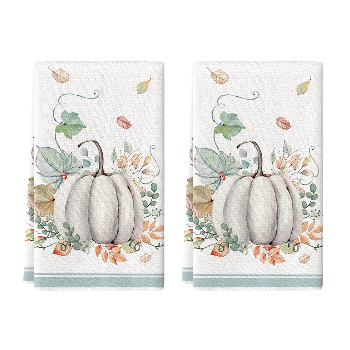 Sm:)e White Pumpkin Maple Leaves Fall Thanksgiving Kitchen Dish Towels ...
