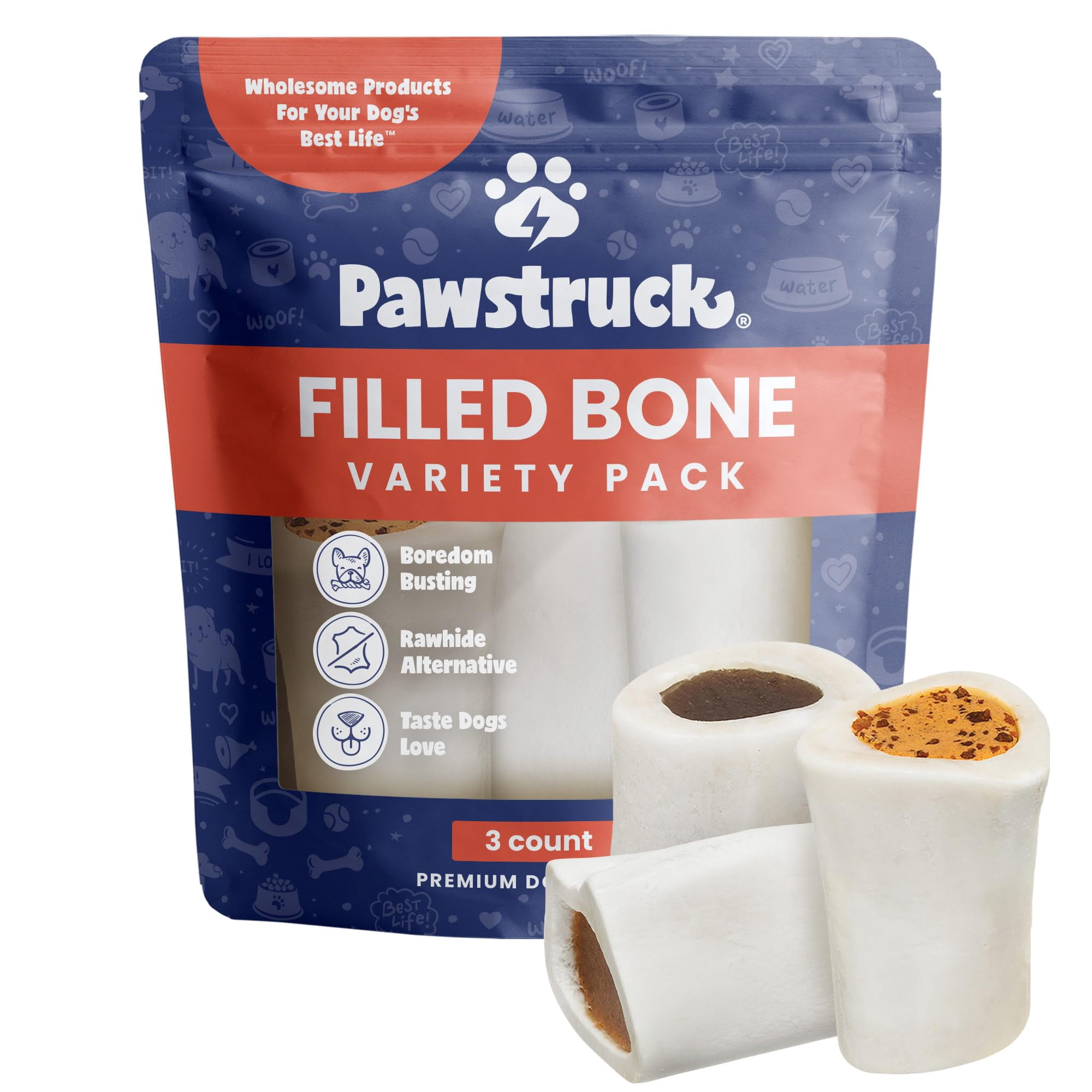 Small 3” Filled Dog Bones Variety Pack - Peanut Butter, Cheese & Bacon ...