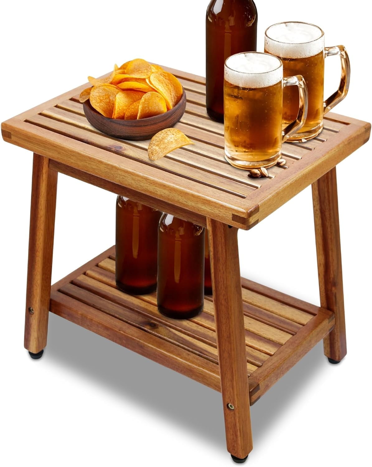 Small Acacia 16 Inches Outdoor Side Table, 2-Tier Sturdy Patio, End Table Weather Resistant ...