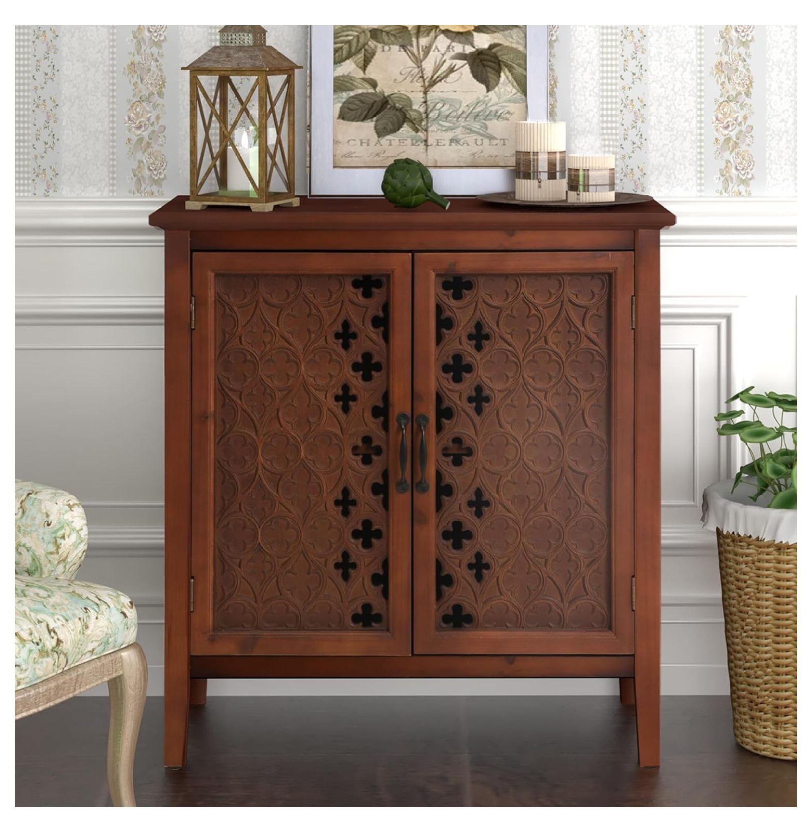 Small Accent Cabinet with 2 Vintage Hollow-Carved Doors, Wood Antique ...