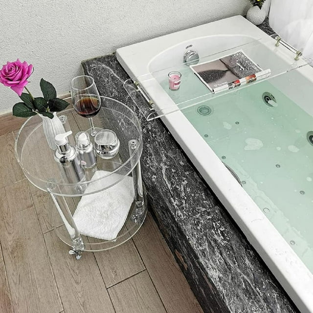 Small Acrylic Round Side Table with Wheels, 2 Tier Clear Acrylic Side ...