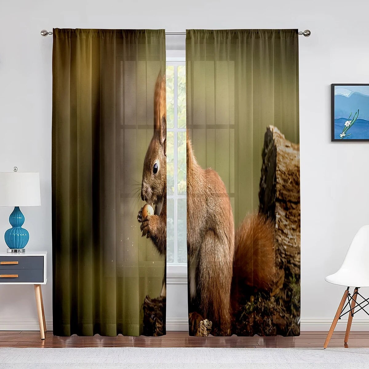 Small Animal Squirrel Eating Floral Tulle Voile Curtains for Bedroom ...