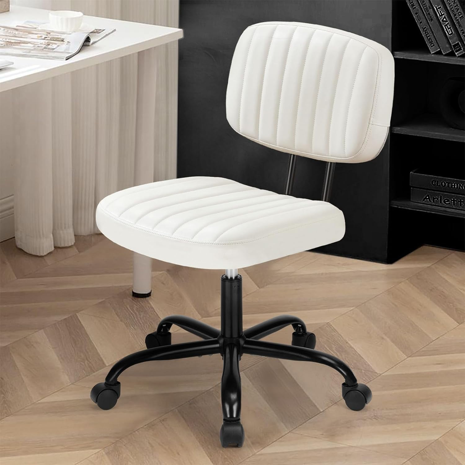Small Armless Office Chair with Rolling Wheels, Swivel Comfortable PU ...