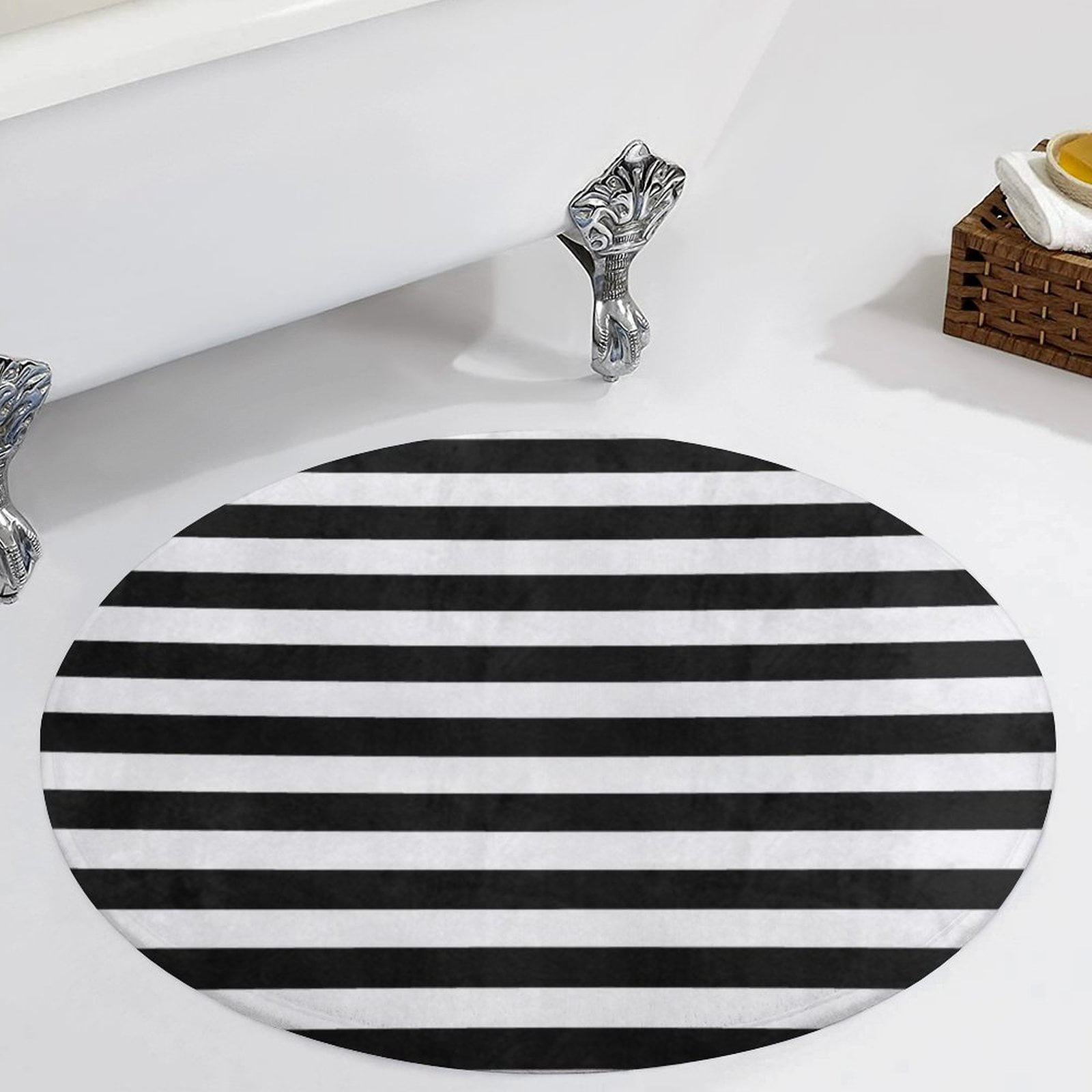 Small BLACK And WHITE Horizontal STRIPES-1 Area Round Carpet Living ...
