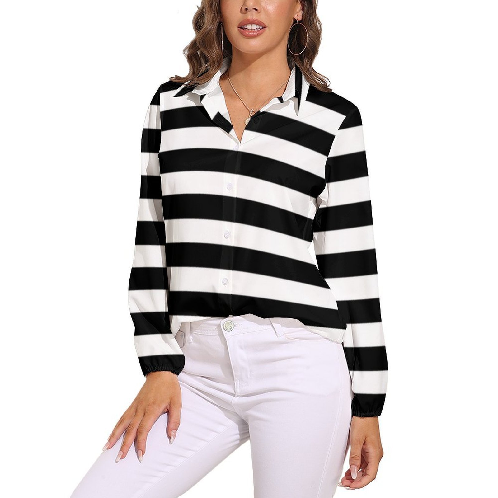 Small BLACK And WHITE Horizontal STRIPES-1 Vntage Casual Long Sleeve ...