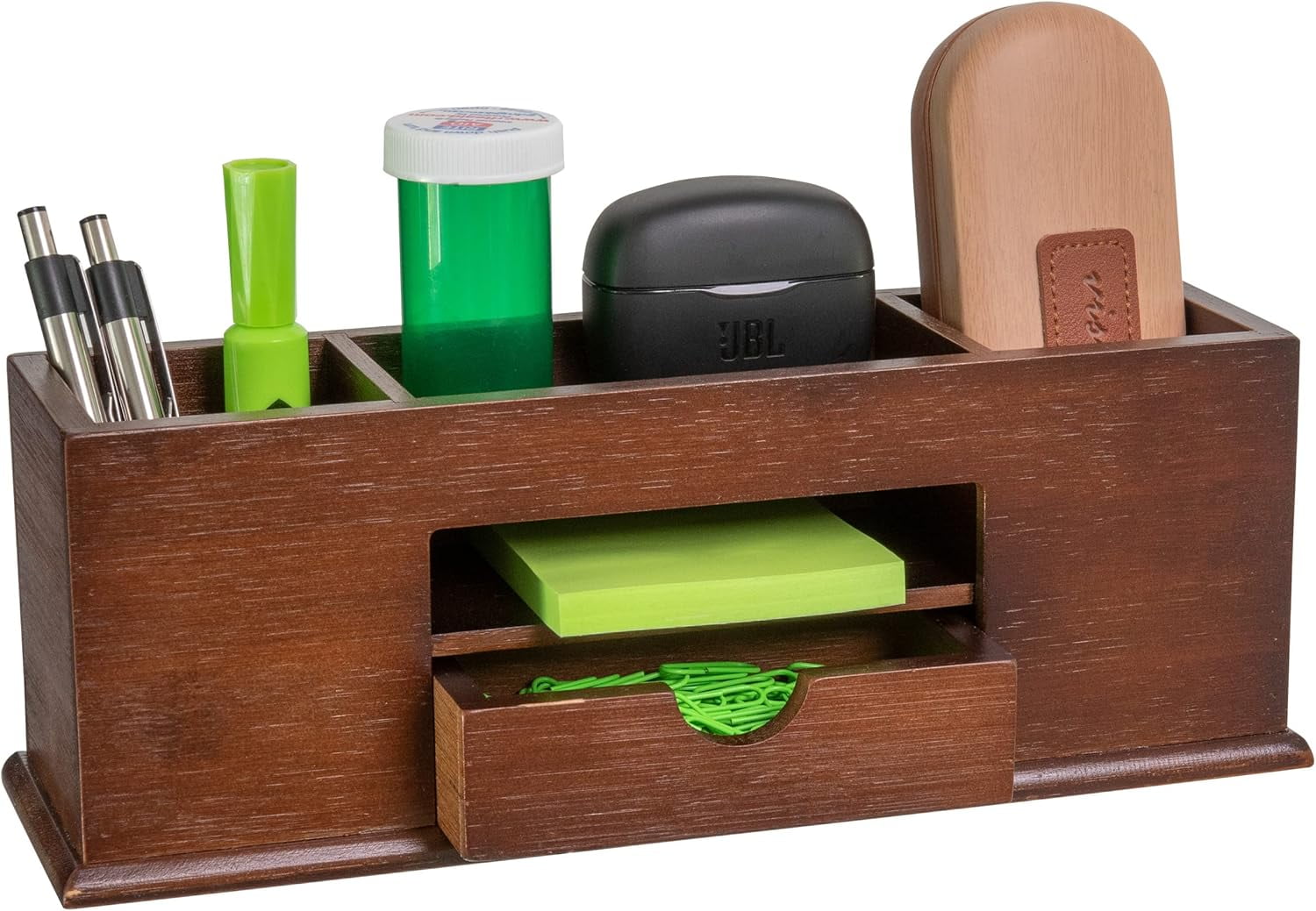 Small Bamboo Brown Caddy Desk Organizer and Storage with Drawer and ...