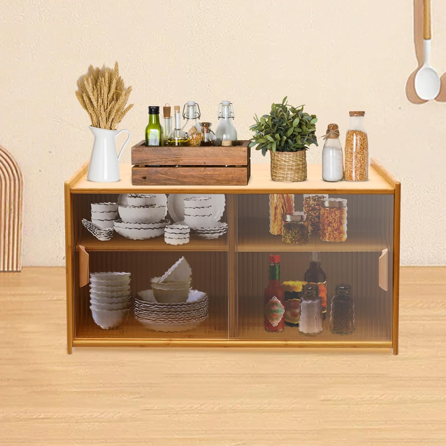 Small Bamboo Kitchen Pantry, Pantry Sideboard with 2 Sliding Glass ...