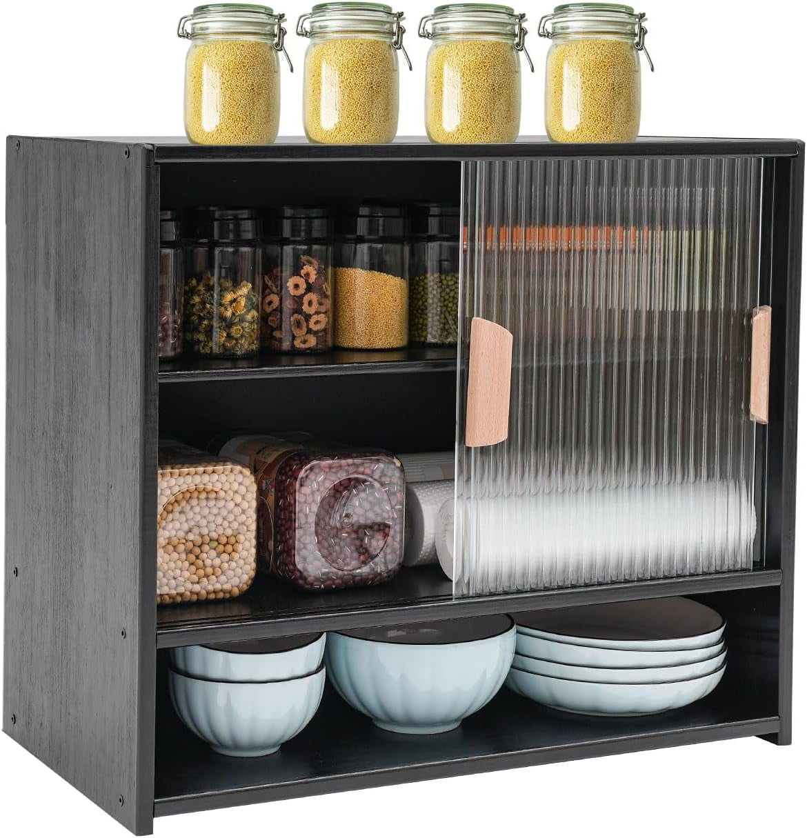Small Bamboo Kitchen Pantry Sideboard with 2 Sliding Striped Glass ...