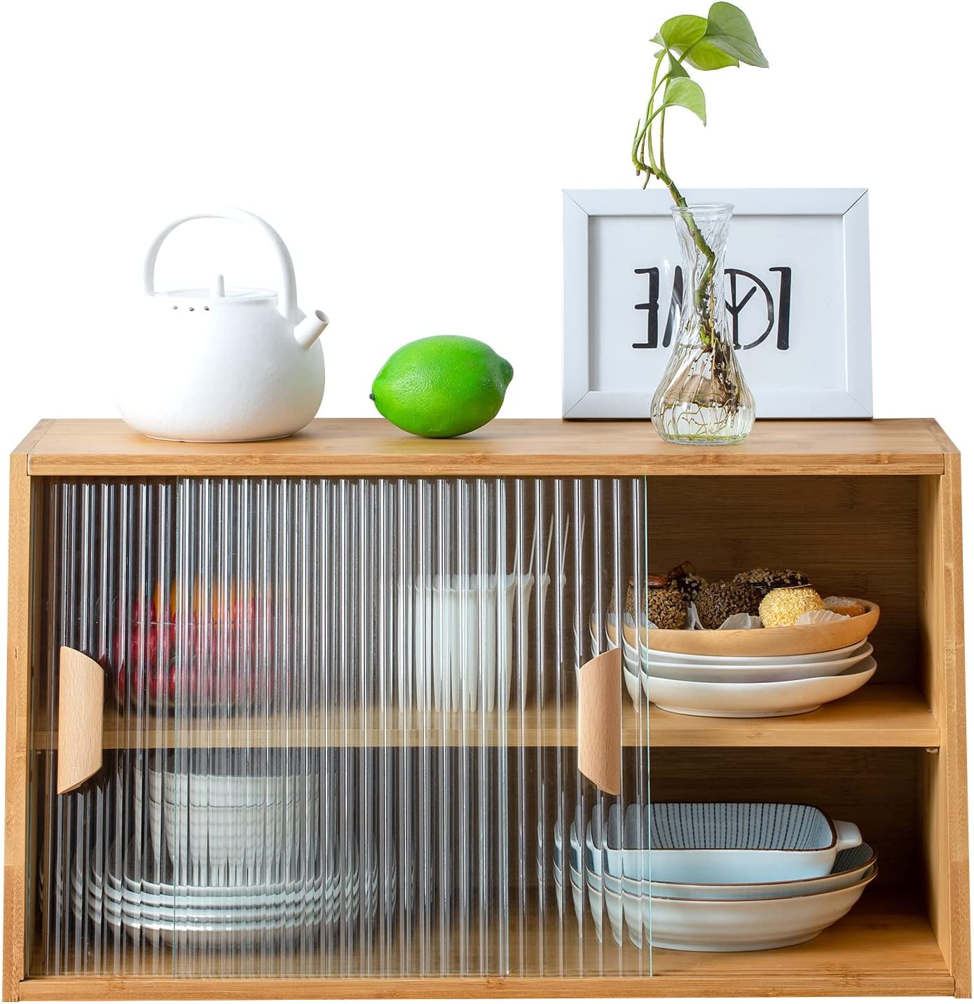 Small Bamboo Kitchen Pantry Sideboard with 2 Sliding Striped Glass ...
