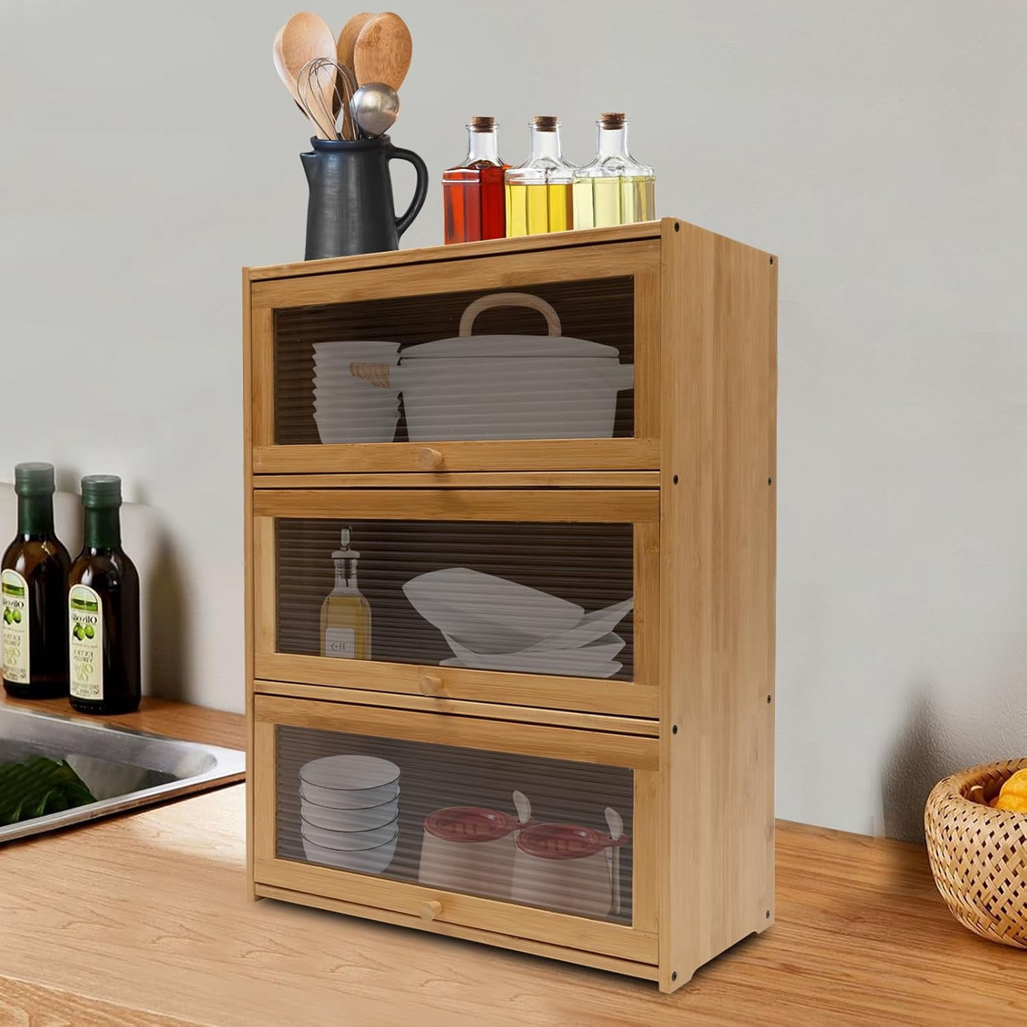 Small Bamboo Kitchen Pantry Sideboard, 3-Tier Freestanding Countertop ...
