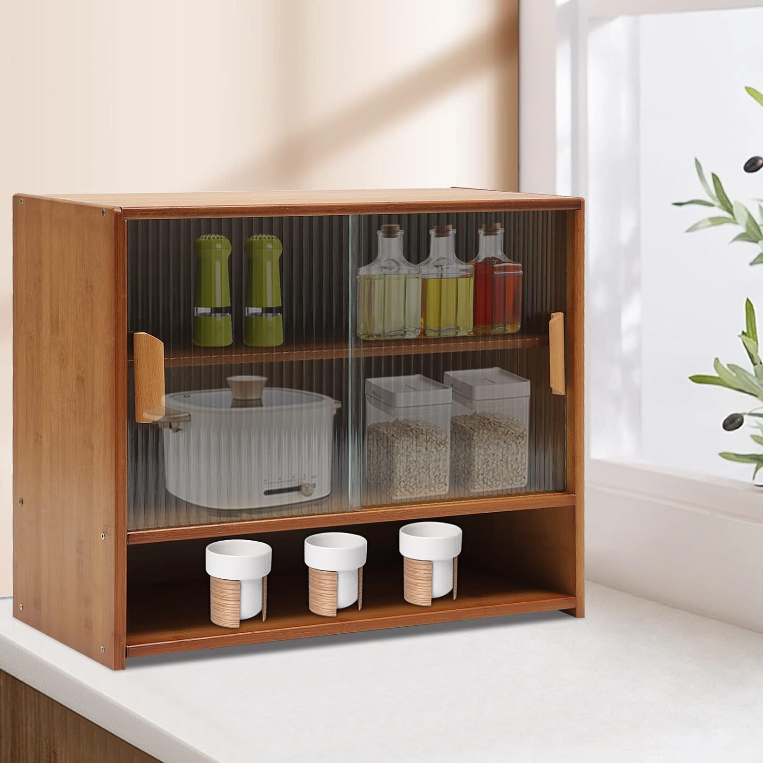Small Bamboo Kitchen Pantry Sideboard, Freestanding Countertop Storage ...
