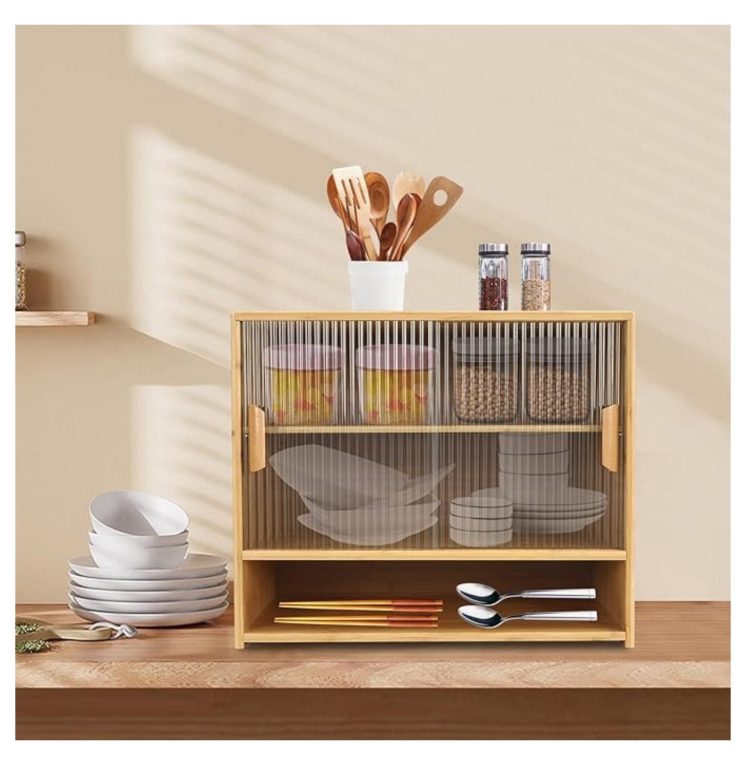 Small Bamboo Kitchen Pantry Sideboard, Freestanding Countertop Storage ...